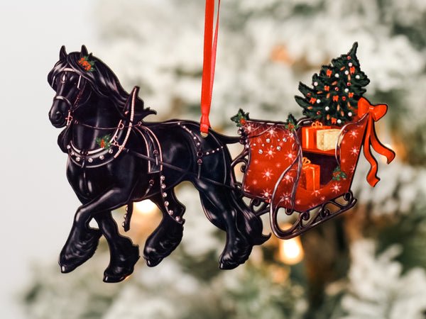 Friesian Horse Christmas Ornament - Friesian Horse Sleigh - Classy Equine